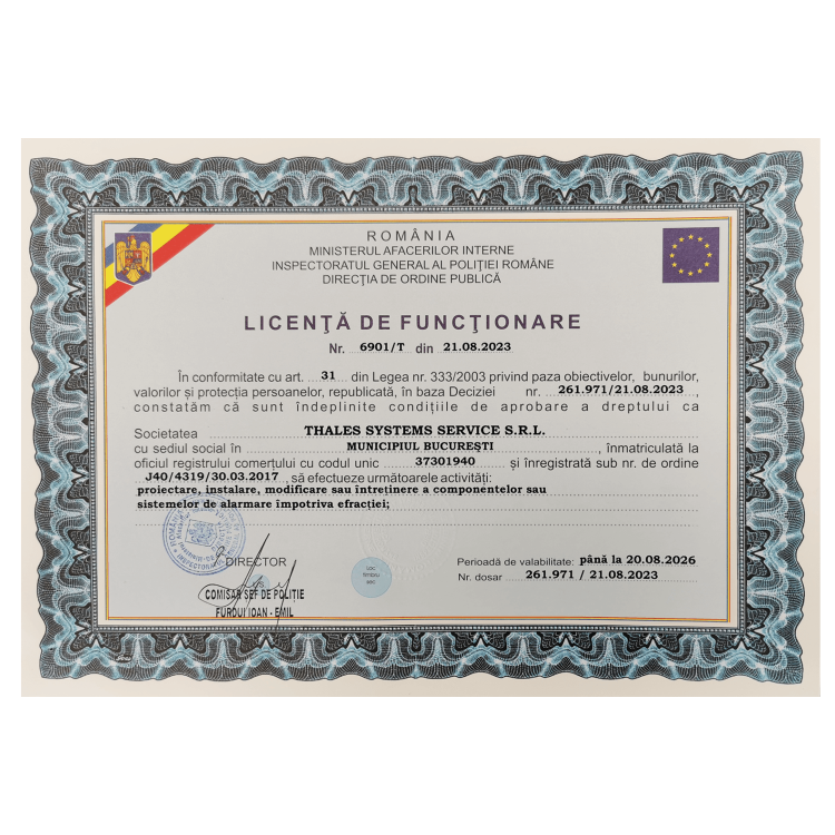Licenta de functionare IGPR - THALES Systems Service SRL