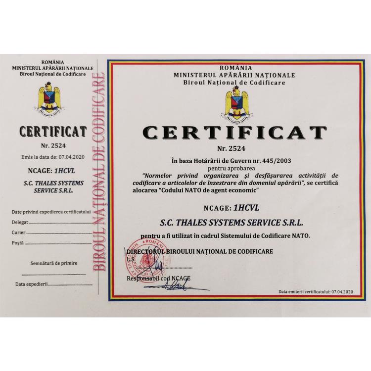 Certificat NCAGE 1HCVL - THALES Systems Service SRL