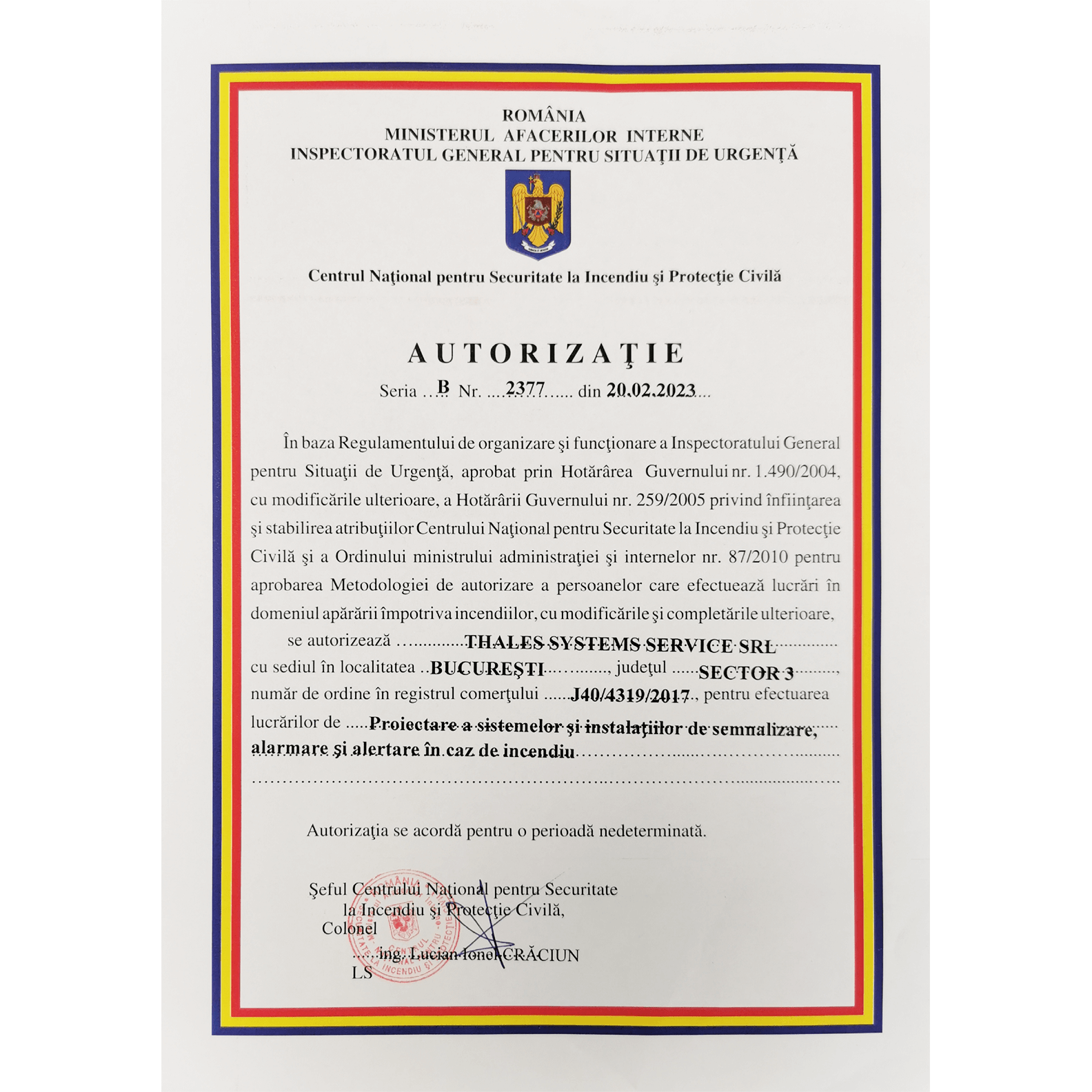 Certificat IGSU Proiectare - THALES Systems Service SRL